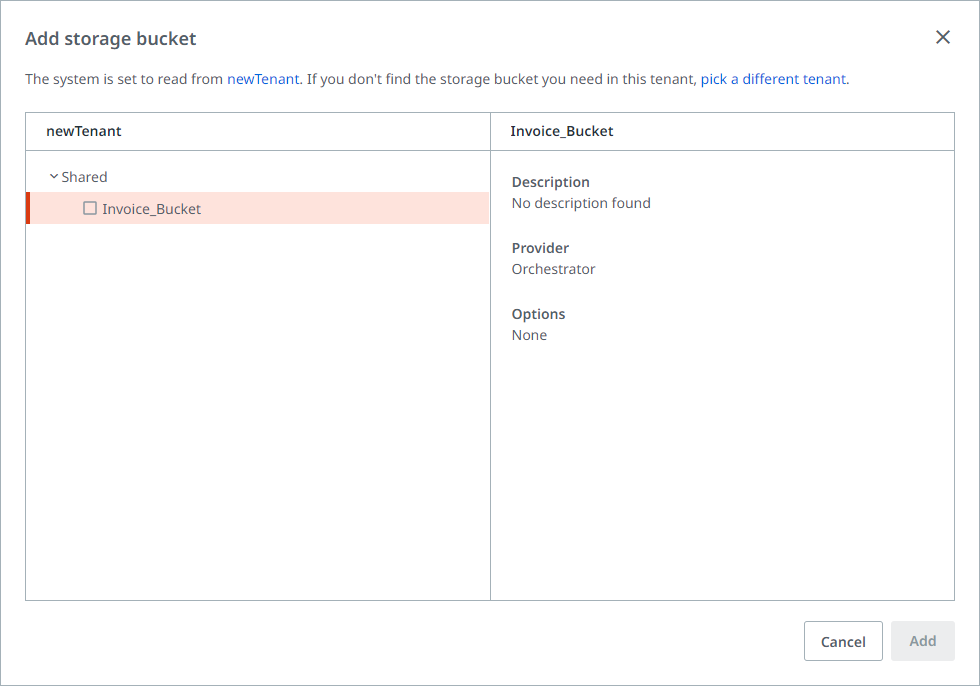 Apps – Referenzieren eines Speicher-Buckets aus Orchestrator