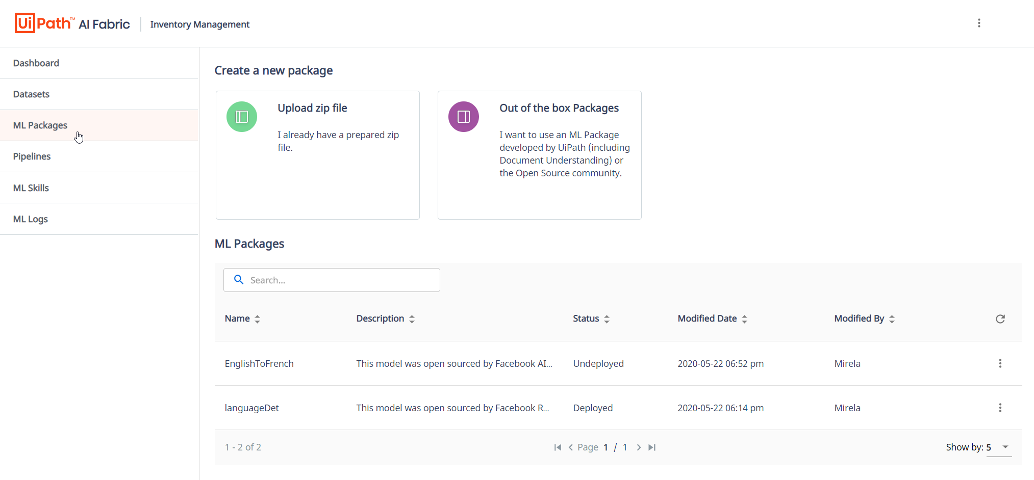 AI Center: acerca de los paquetes ML