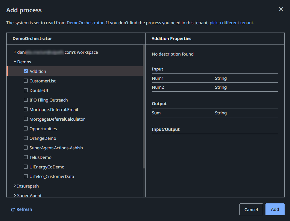 Apps: hacer referencia a un proceso desde Orchestrator