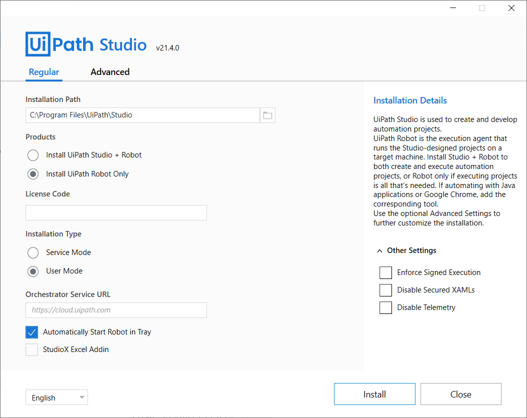 UiPath Robot: implementación de UiPath Robots Unattended: licencia Enterprise