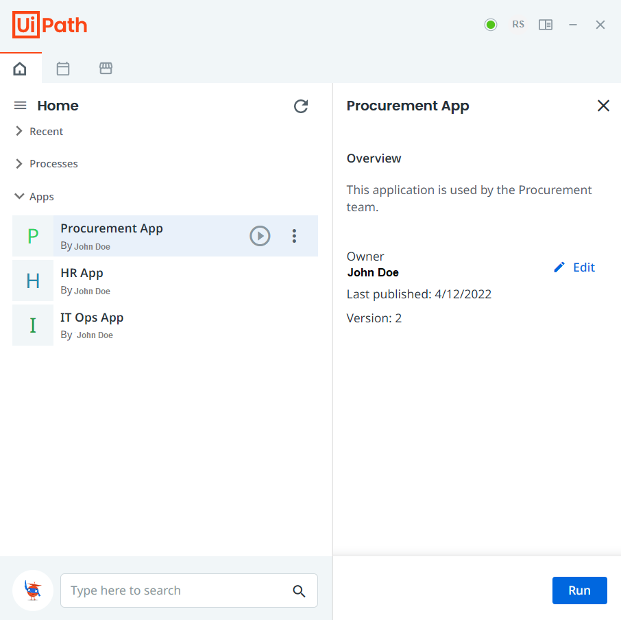 UiPath Robot: widget de Apps