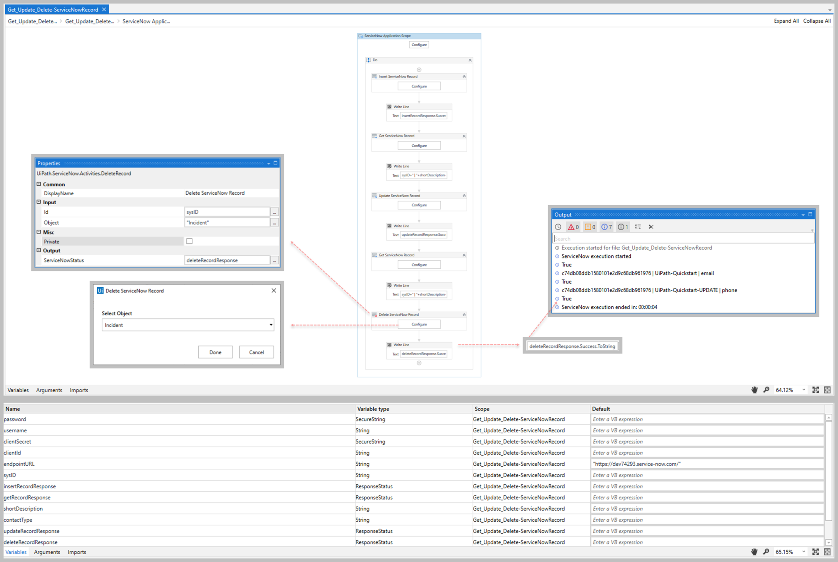 Activités - Supprimer l'enregistrement ServiceNow
