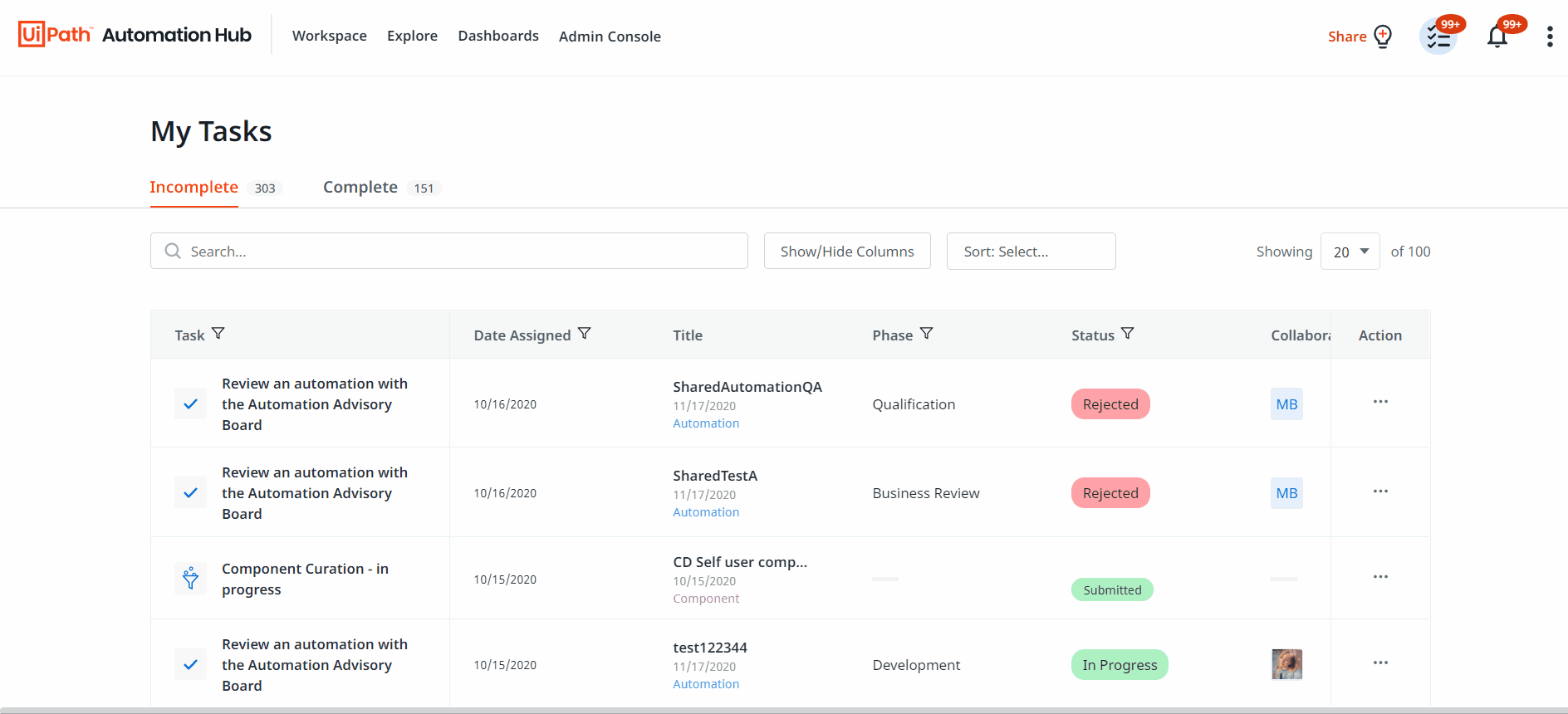 Automation Hub - Tâches incomplètes