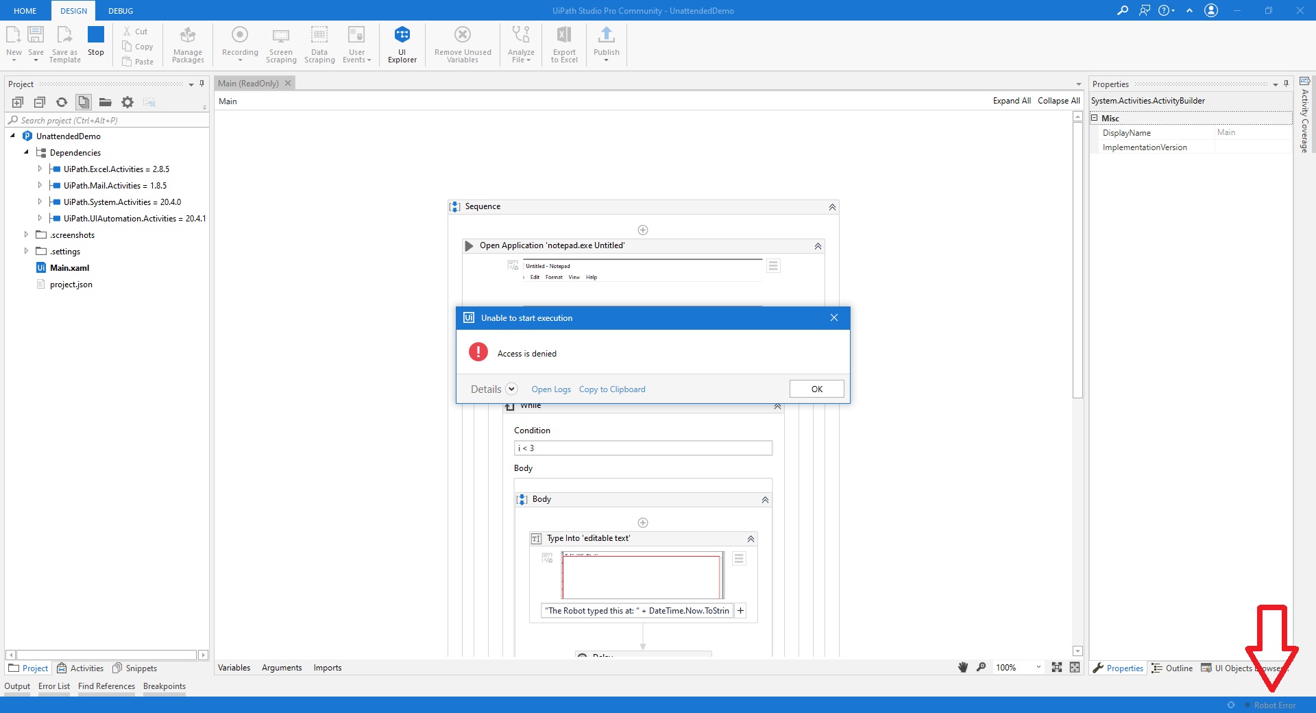 Robot - 管理者として実行した場合のエラー