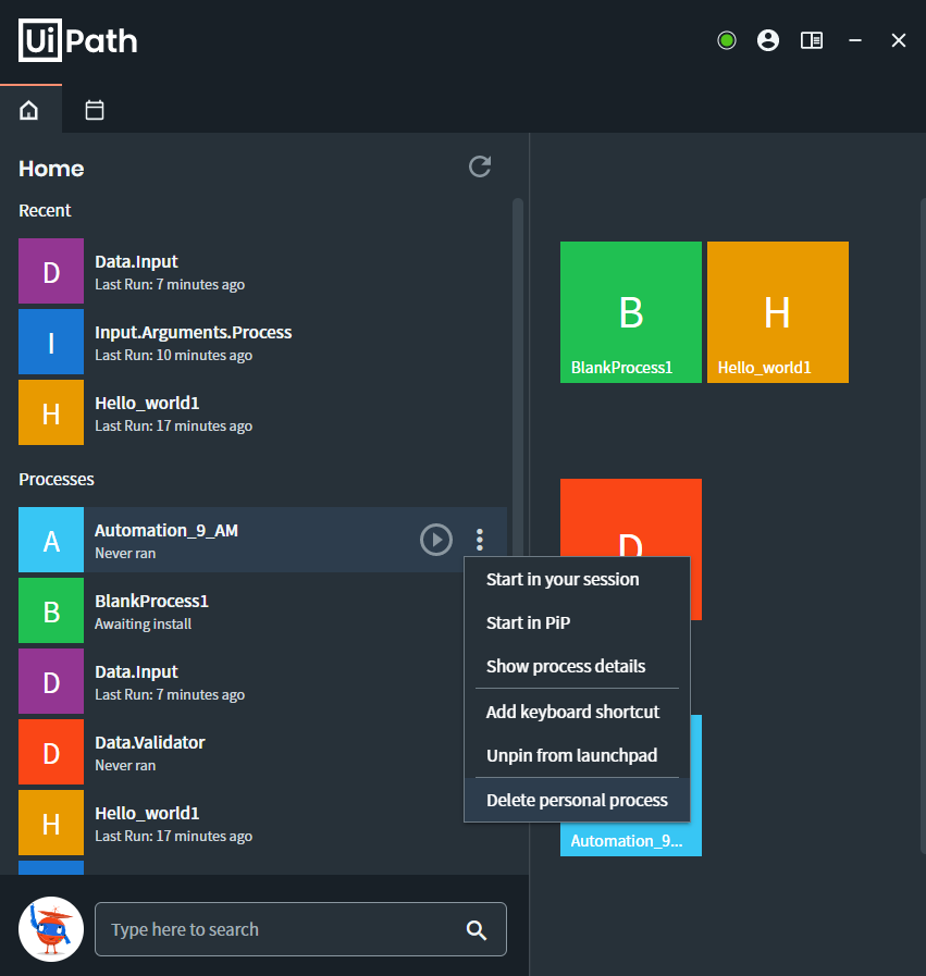 Robot - Sobre o UiPath Assistant